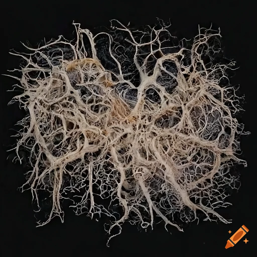 Intricate network of mycelium roots in the soil on Craiyon