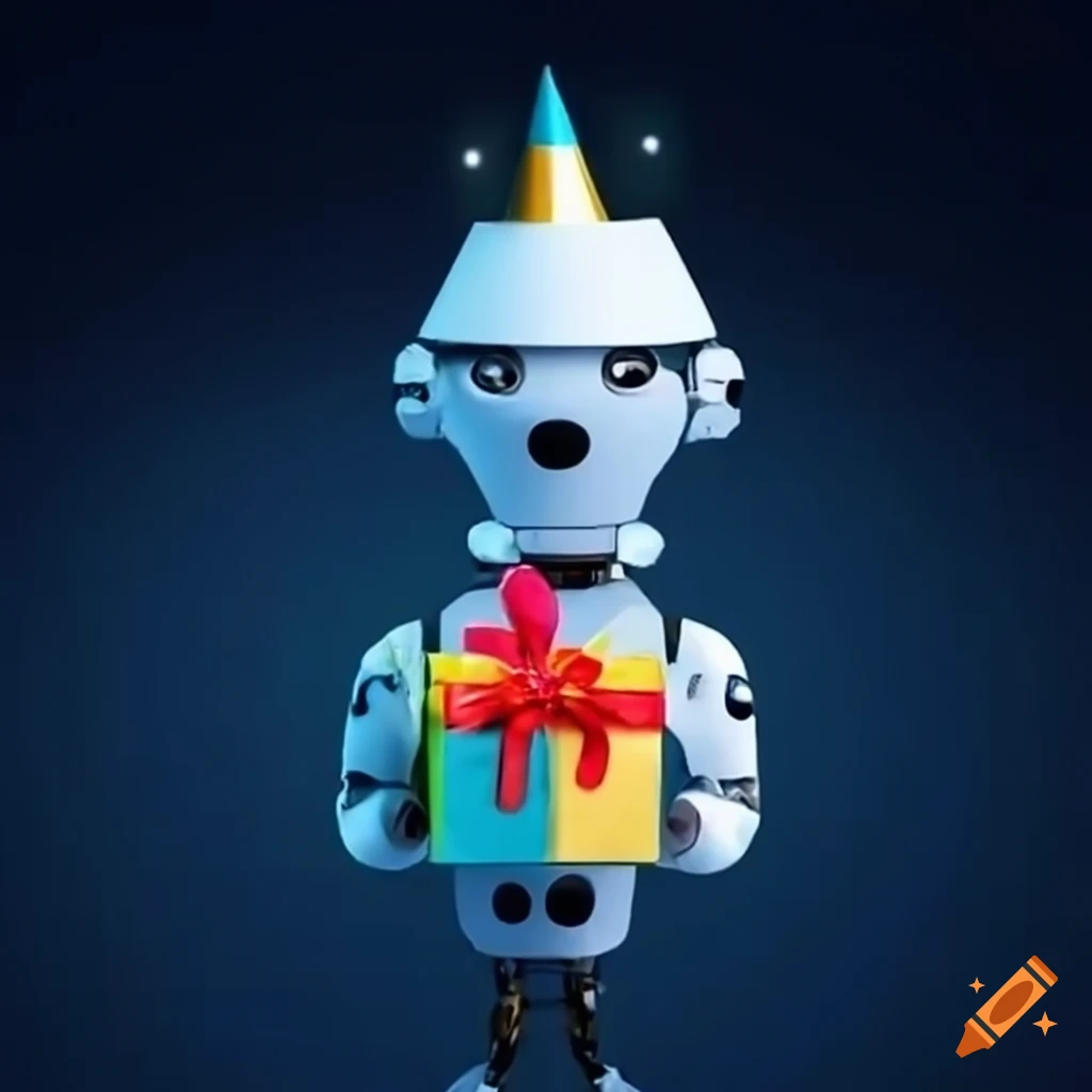 Robot hugging a man with a drone delivering gifts on his birthday on Craiyon