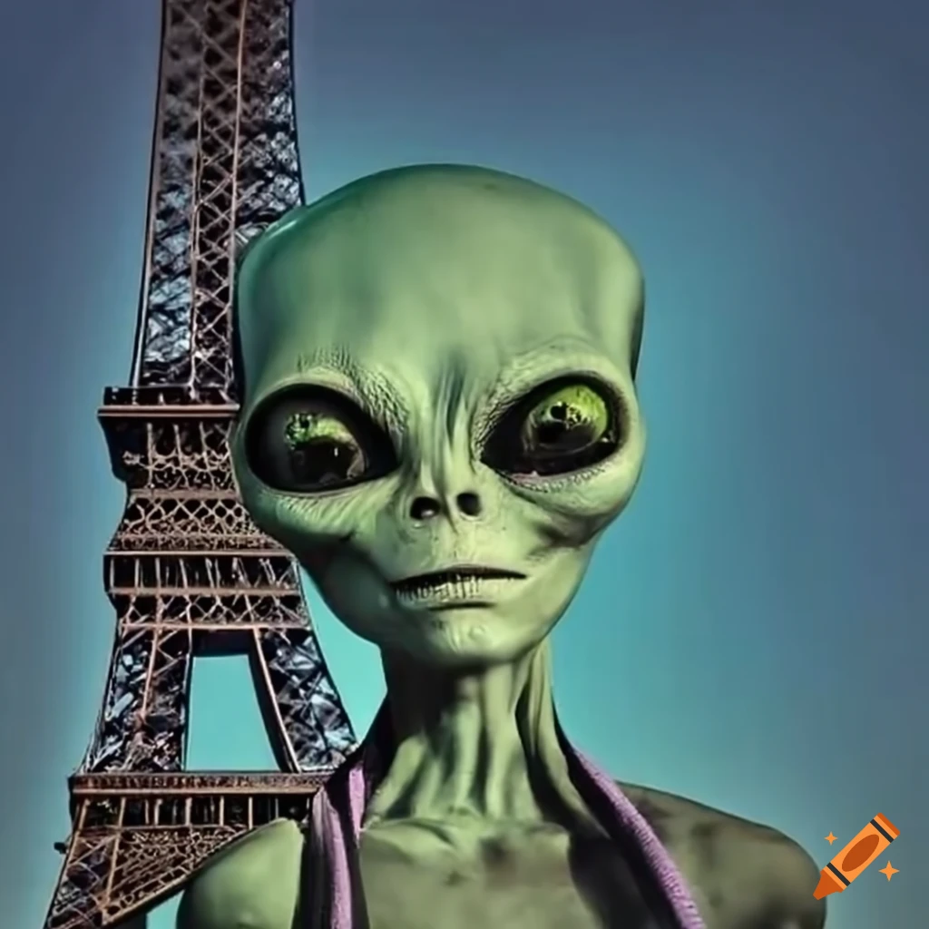 Alien taking selfie in front of the Eiffel Tower on Craiyon