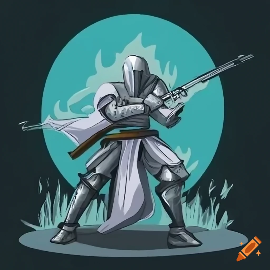 Ghostly medieval knight with gun on a battlefield in 80s anime style on ...