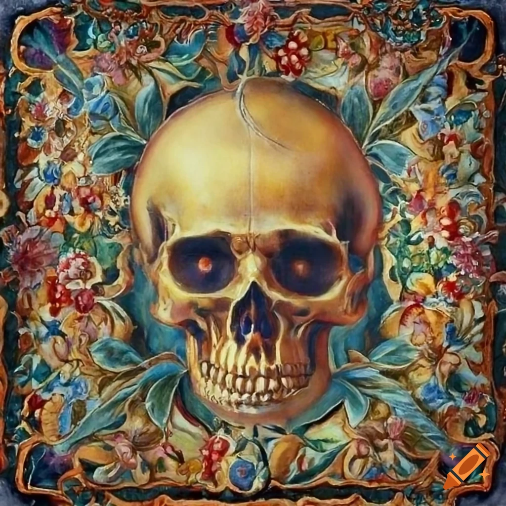 Renaissance painting of a golden skull on a velvet cushion with herbs ...