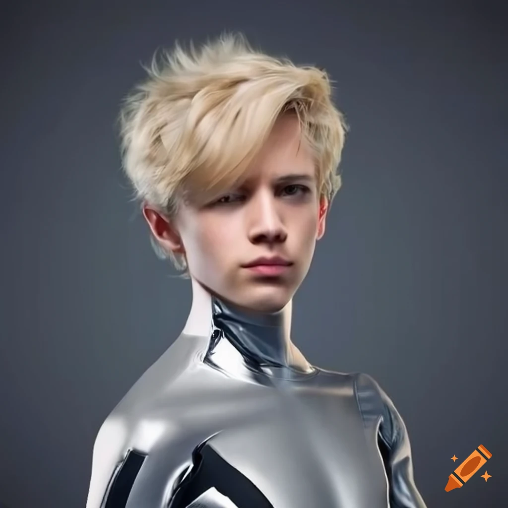 College student with blonde hair in futuristic silver uniform on Craiyon