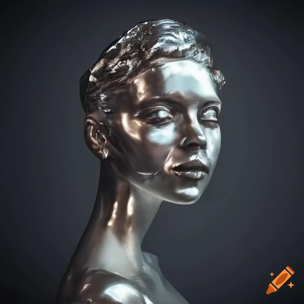 Young and beautiful woman transformed into a silver chromed statue on ...