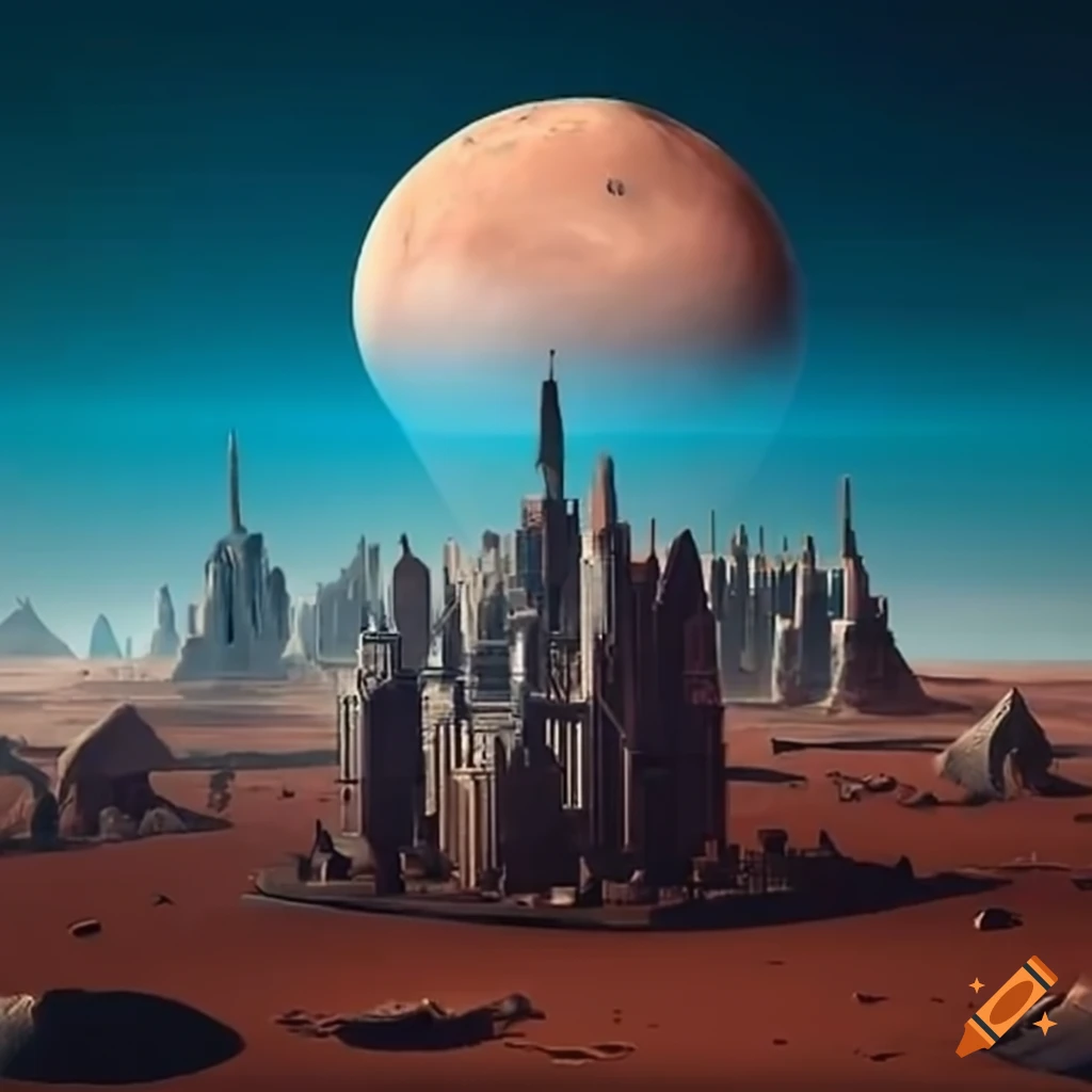 Colony on mars with white buildings and alien inhabitants on Craiyon