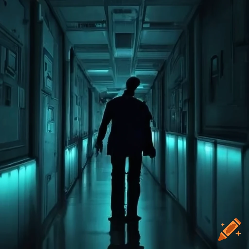 Sci-fi scene in a futuristic hallway on Craiyon