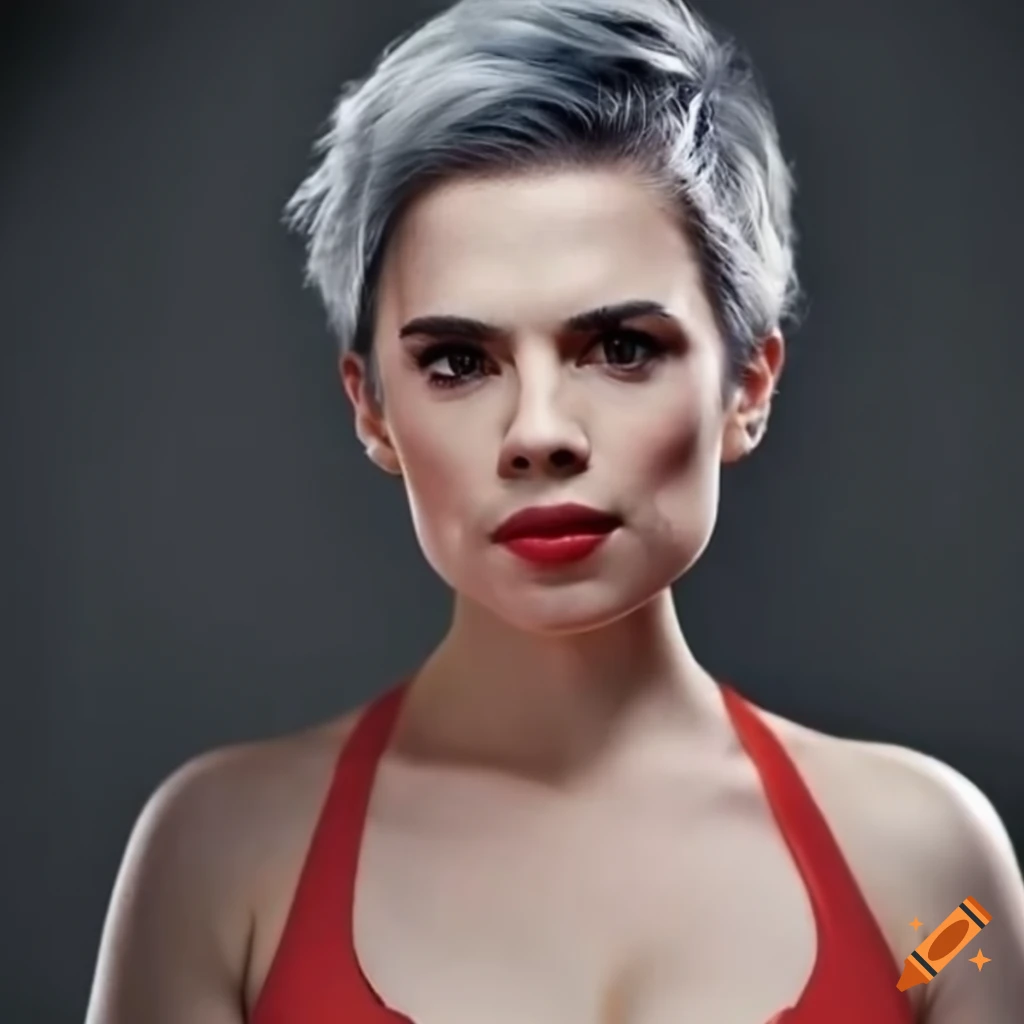 Hayley atwell with white pixie haircut and red tank top on Craiyon
