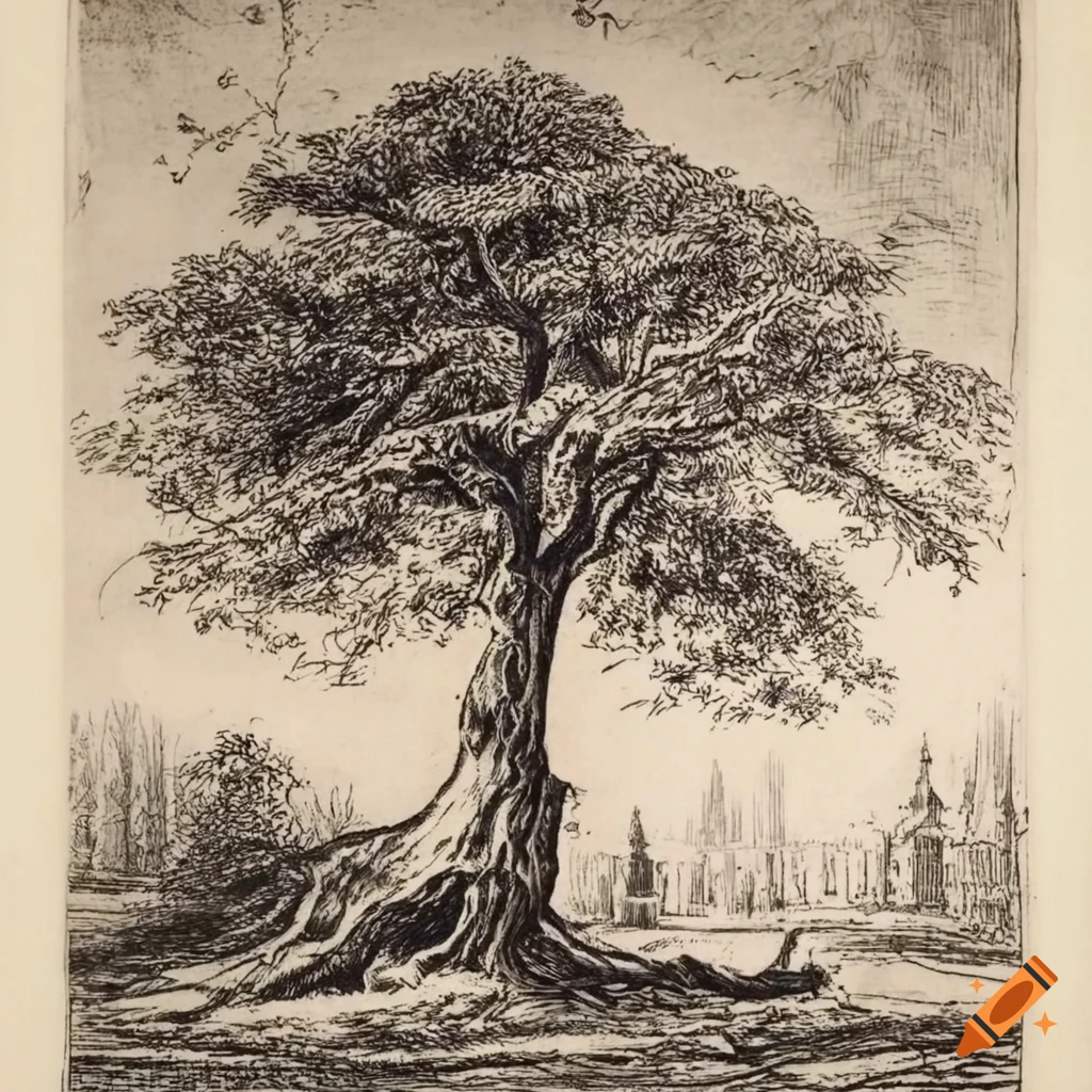 Pen and ink etching of a tree from the 1800s on Craiyon