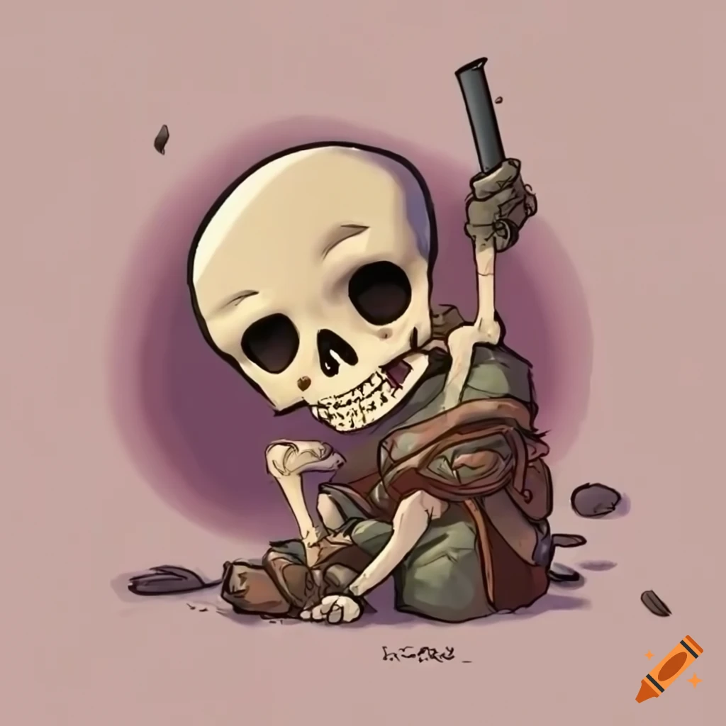 Chibi skeleton of a fallen adventurer in rags on Craiyon