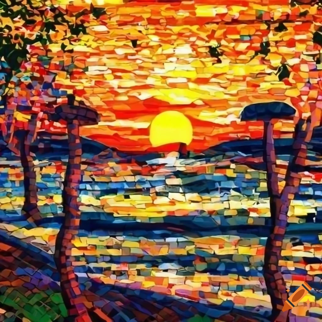 Colorful mosaic artwork of a sunset beach with trees on Craiyon