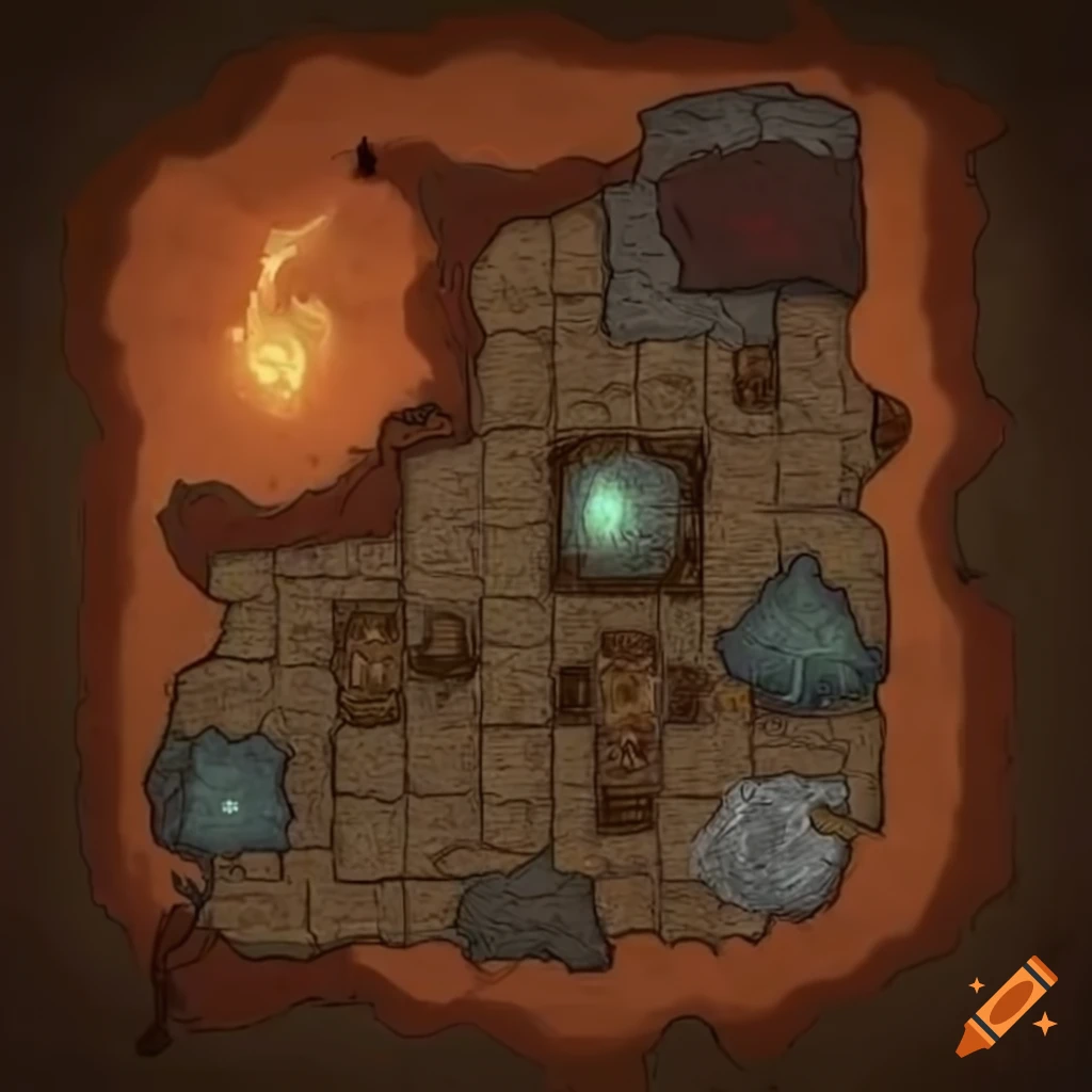 Map of a demon-owned desert dungeon with 8 cells for D&D on Craiyon
