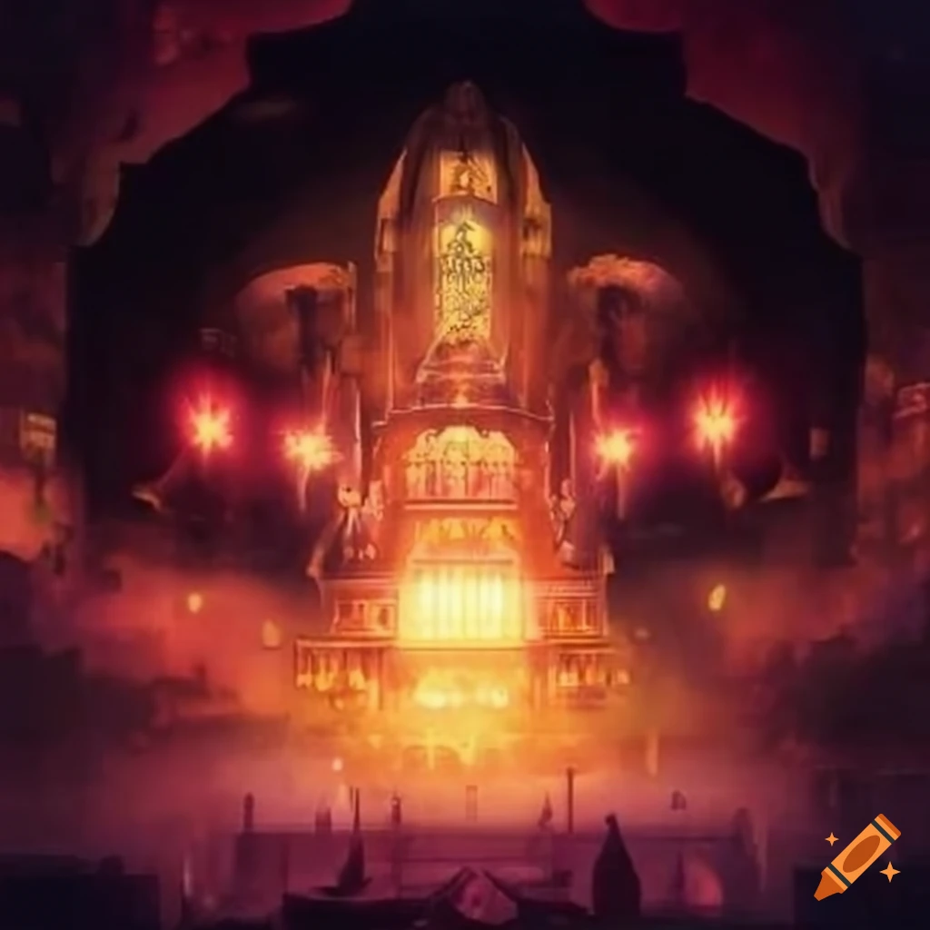 Anime world with futuristic mysterious temple on Craiyon