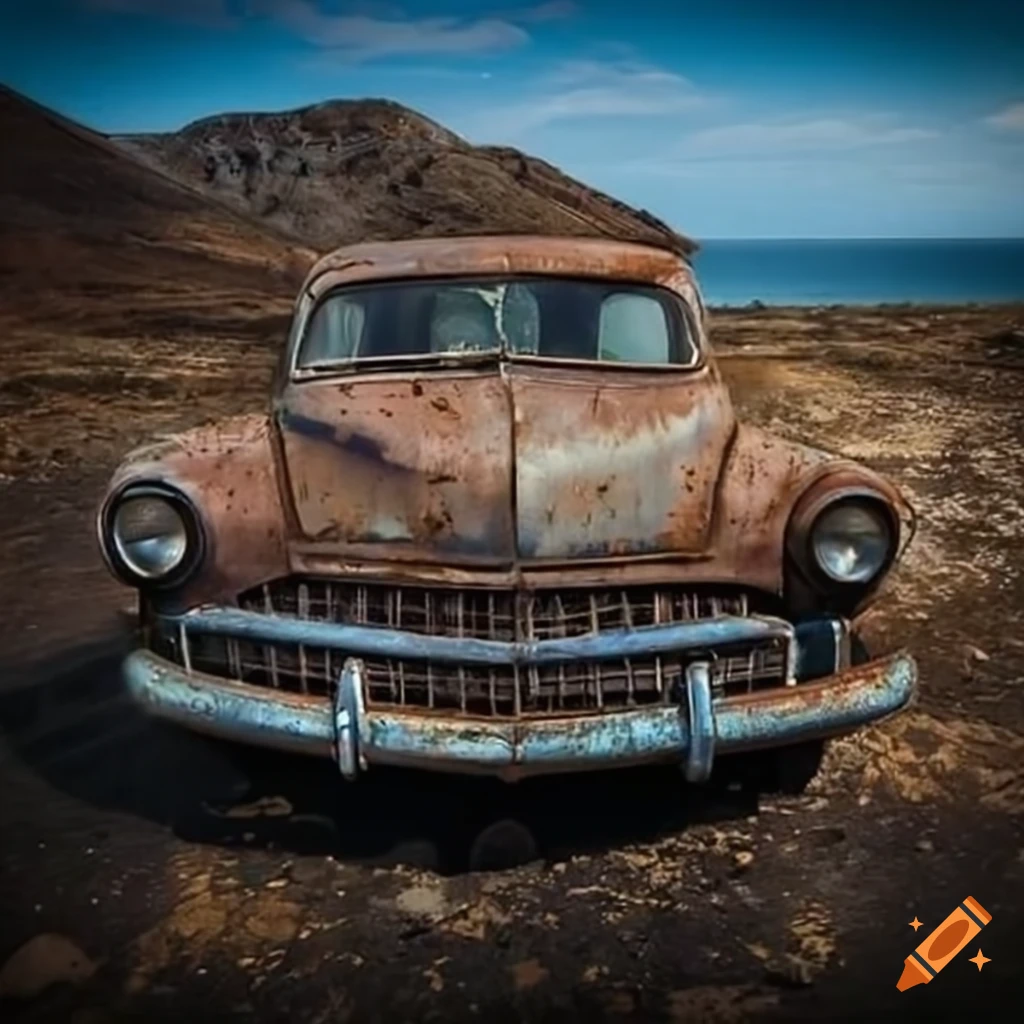 Old and rusty cars in an unrealistic setting on Craiyon