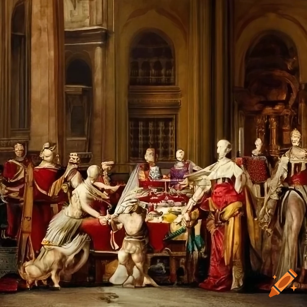 Roman emperors and courtiers at a grand feast with guarding soldiers on ...