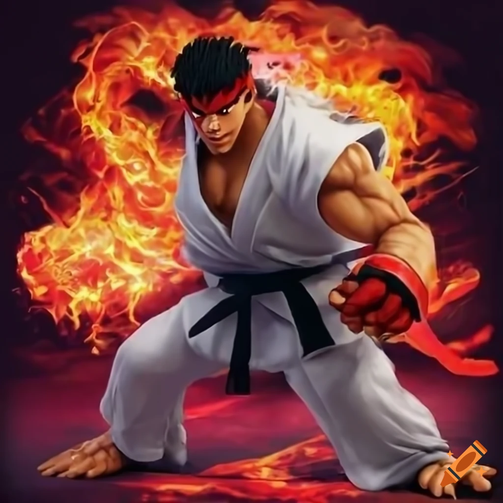 Ryu from street fighter in a warrior pose with lightning fireball on Craiyon