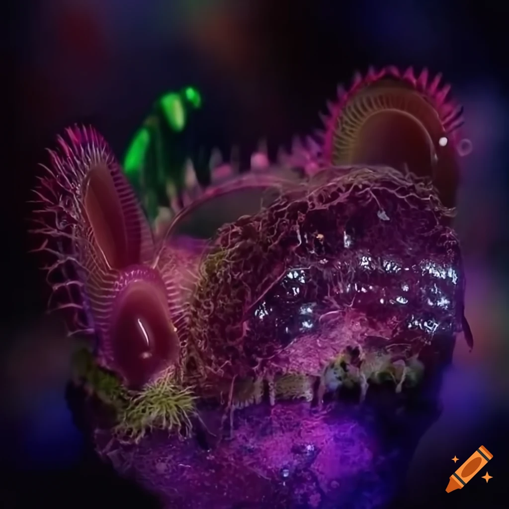 Glowing biopunk Venus flytrap creature in a moss-covered cityscape on ...