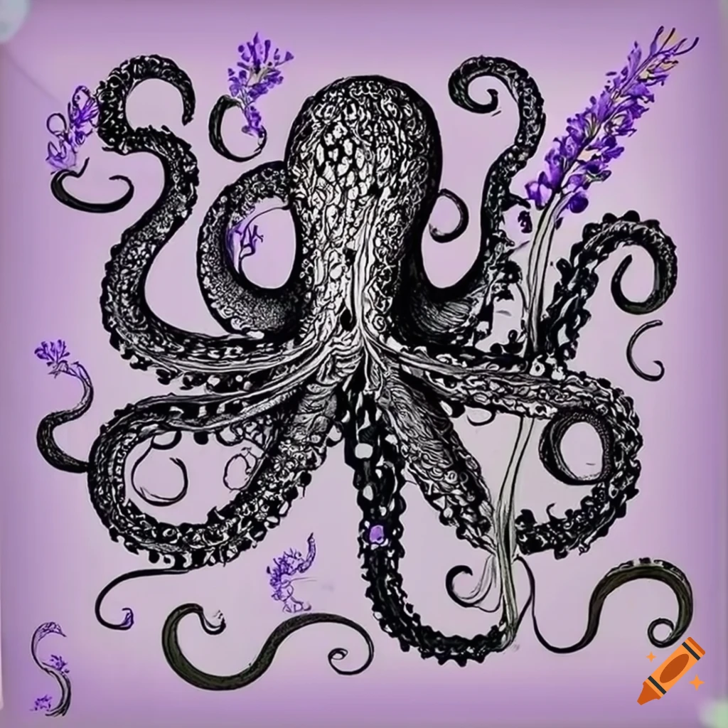 Mythical black octopus among lavender flowers on Craiyon