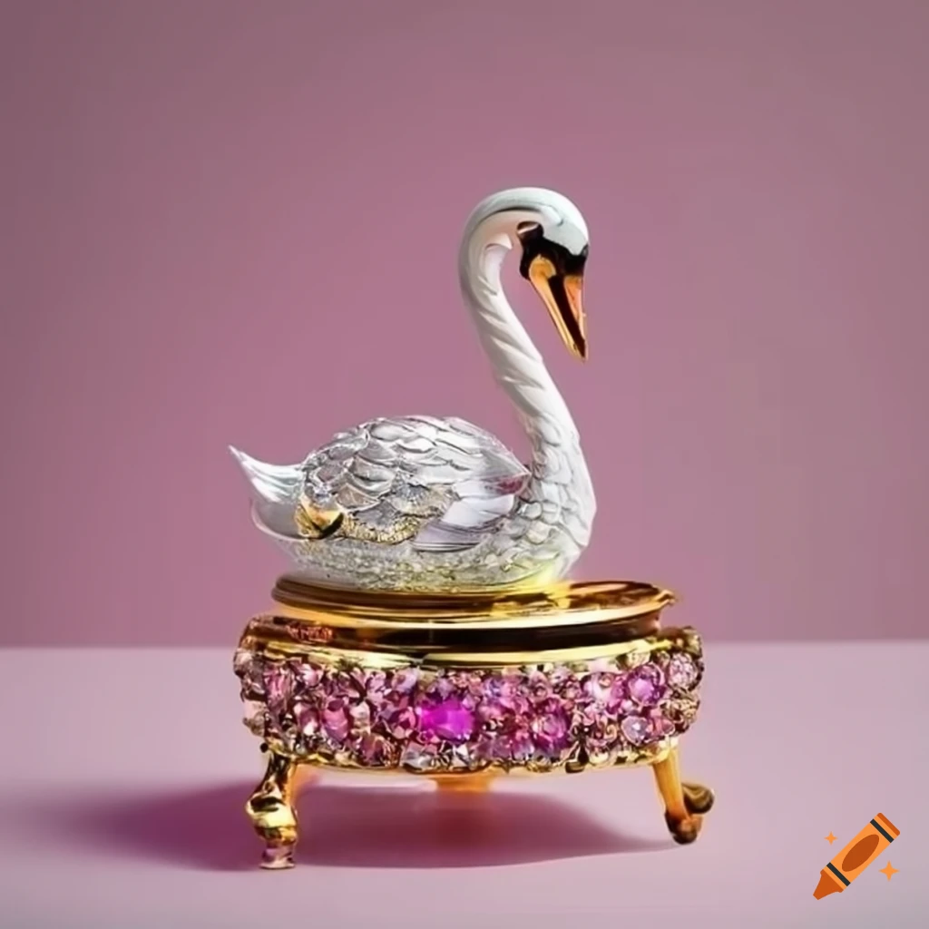 Swan music box ornate with crystals in pink color on Craiyon