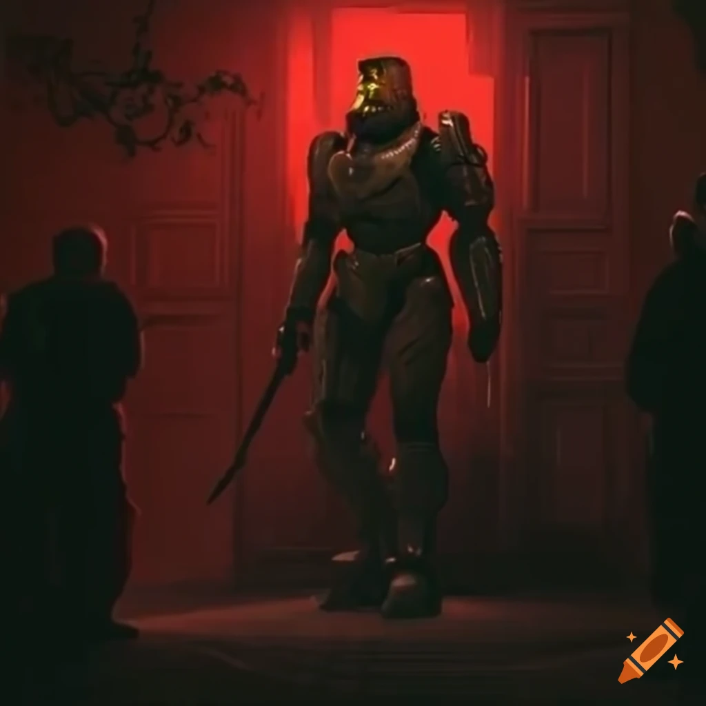 Creepy depiction of a tall master chief with red lighting in a horror ...