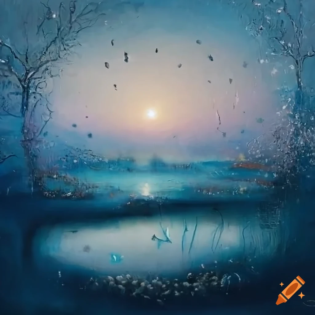 Dreamlike landscape with giant silver oval mirrors, white stars ...