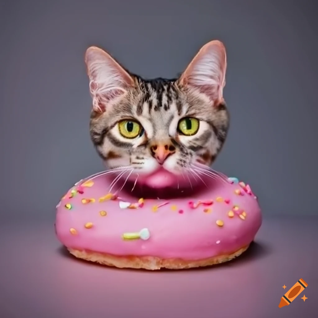 Cat sitting on a pink glazed donut on Craiyon