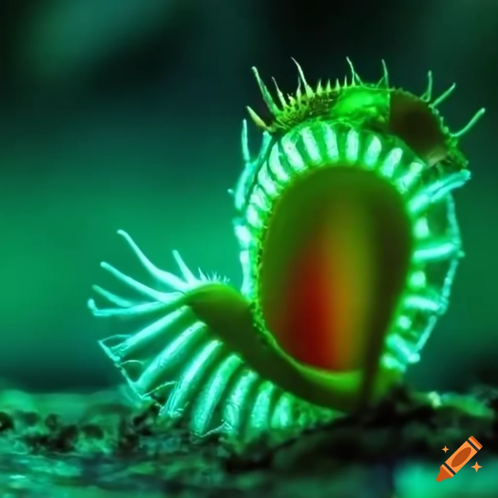 Glowing biopunk Venus flytrap creature in a moss-covered cityscape with cybernetic technology on ...