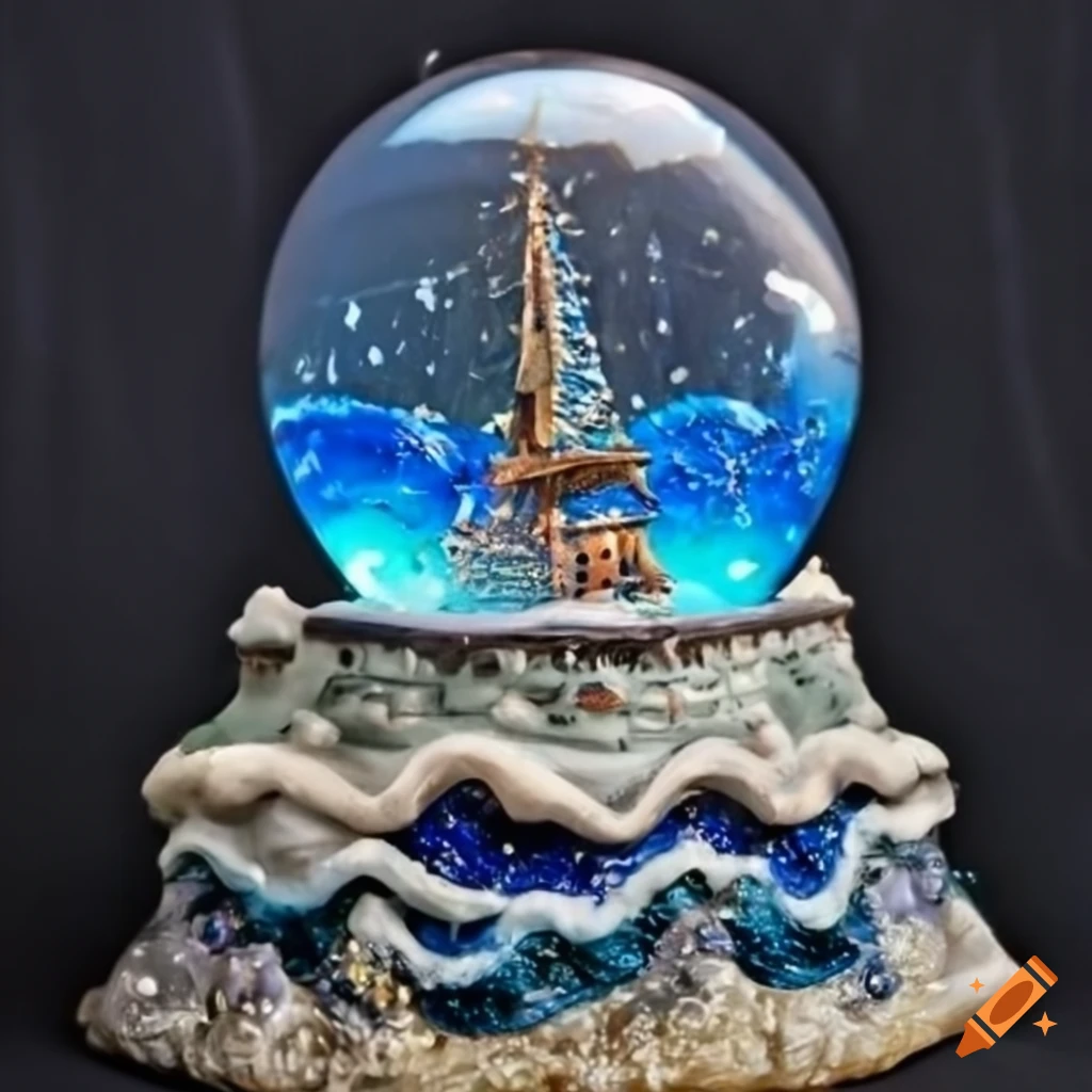 Vintage pirate ship snow globe with sapphire waves and mermaids on Craiyon