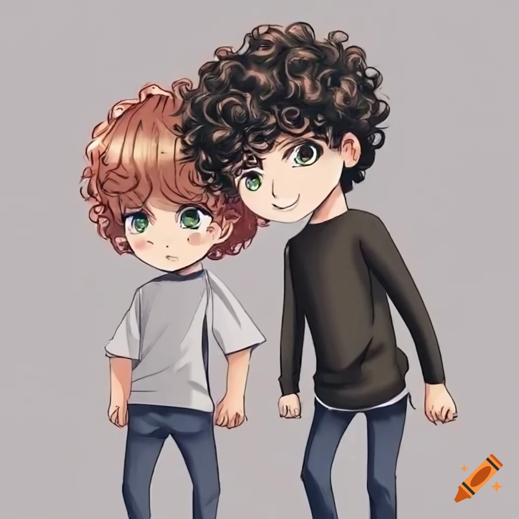 Tall brother with curly hair standing next to a shorter wavy-haired ...