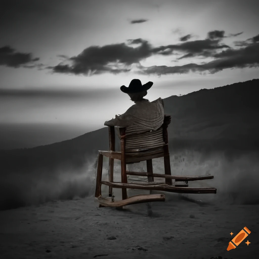 Lone cowboy sitting in a rocking chair with a scenic landscape in the ...