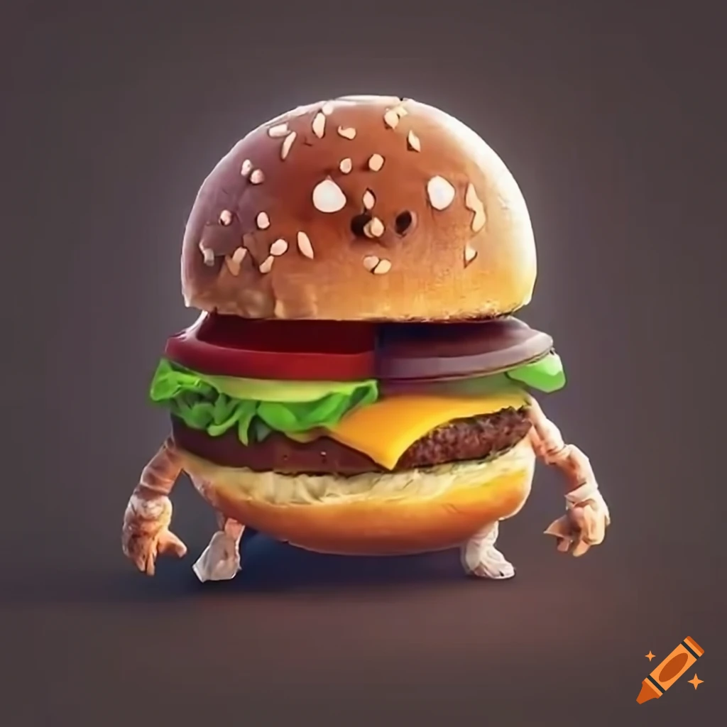 Friendly hamburger creature with backpack on a journey along a huge ...