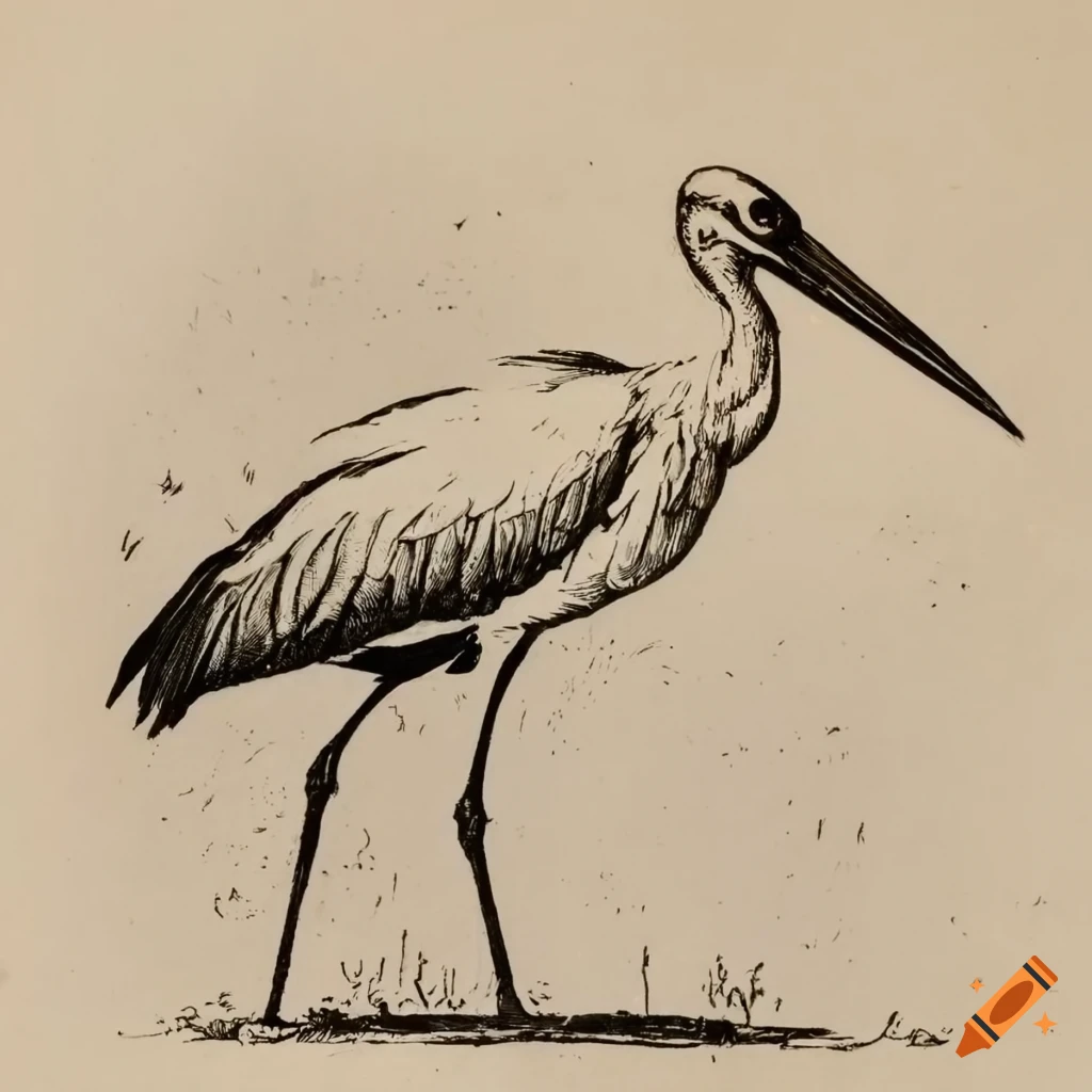 1800s pen and ink etching of a stork on Craiyon