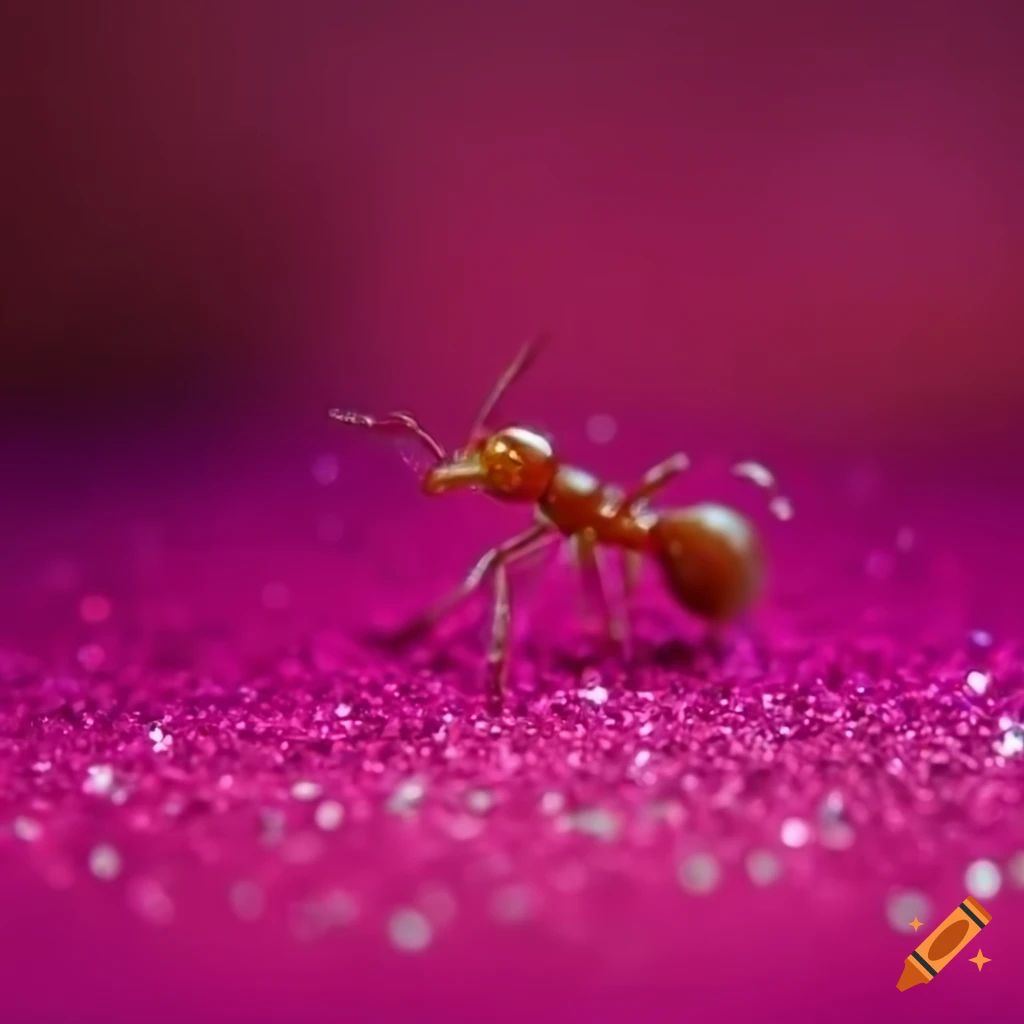 Macro shot of a cute pink ant covered in glitter on a pink background ...