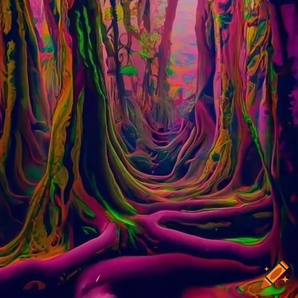 Psychedelic forest with distorted shapes and colors on Craiyon