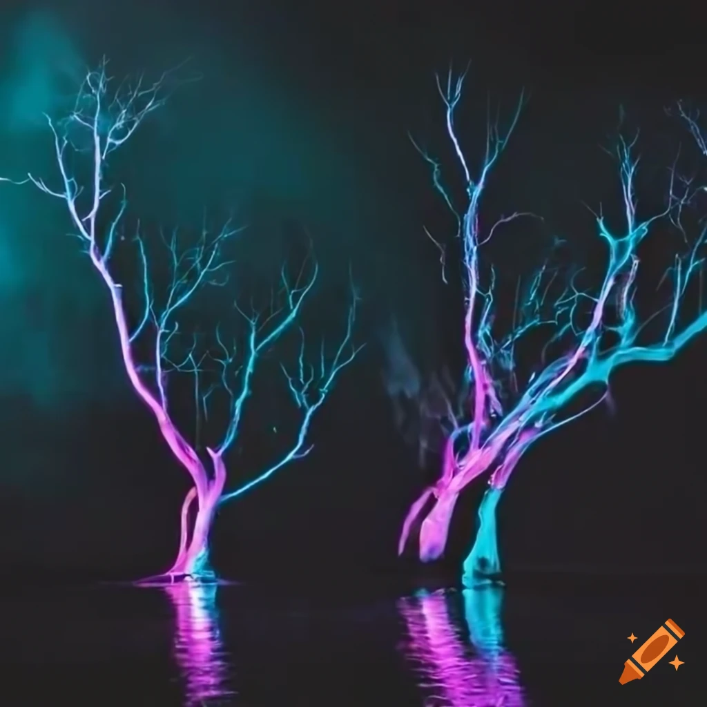 Neon trees in the dark with water on Craiyon