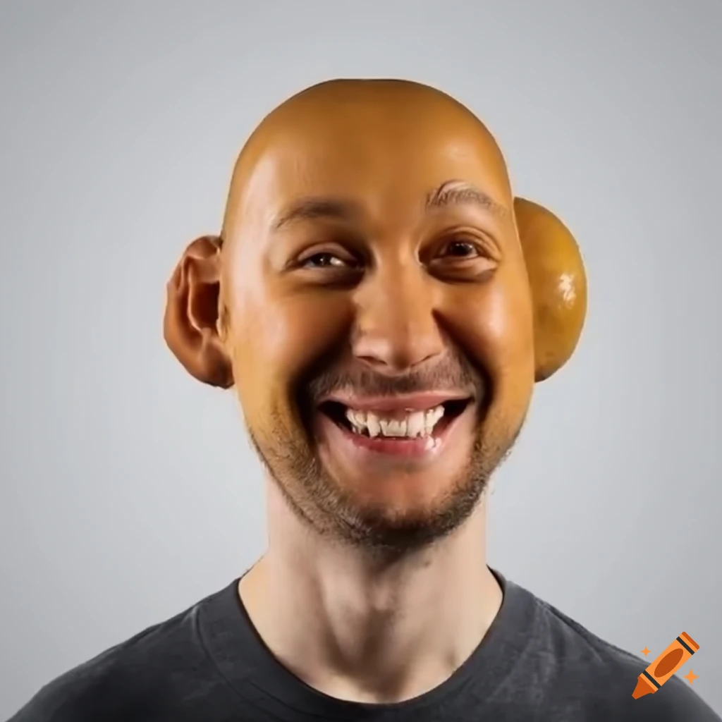 Man with a potato-shaped head smiling on light gray background on Craiyon