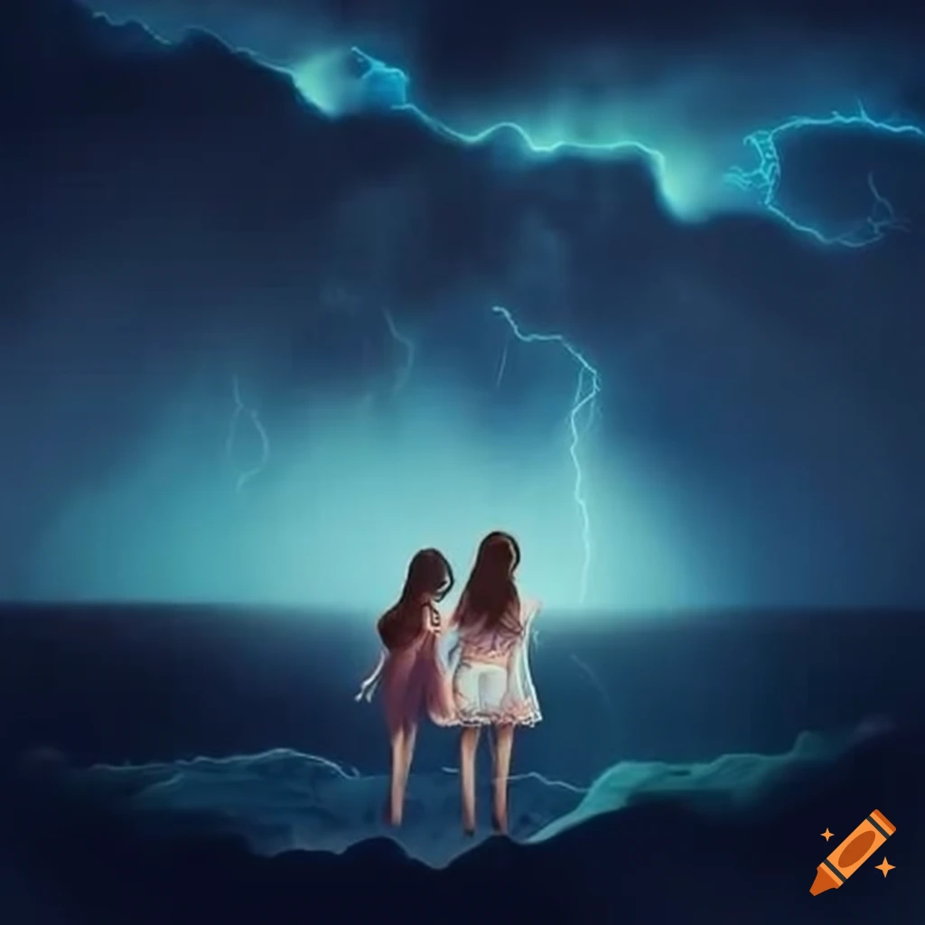 Two girls holding hands in a storm on Craiyon