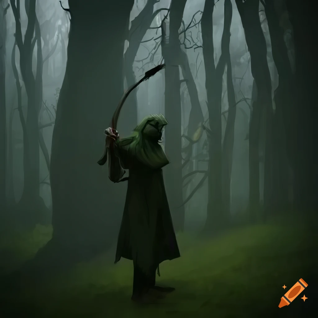 Archer with stone mask in dark, rainy forest on Craiyon