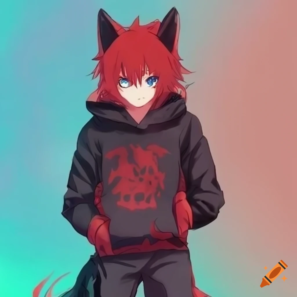 Red kemono wolf wearing black hoodie with blue eyes on Craiyon