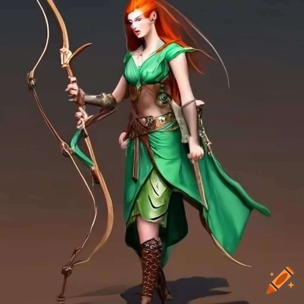 Beautiful female elf archer with long red hair in green dress and ...