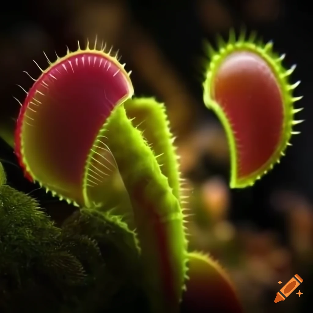 Glowing biopunk Venus flytrap creature in a moss-covered cityscape on Craiyon