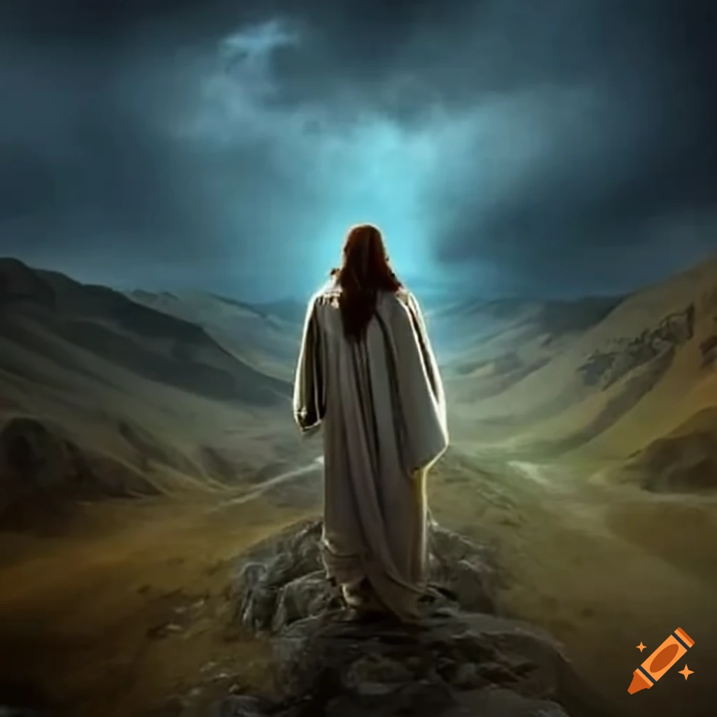 Jesus walking through a valley in a dramatic scene on Craiyon