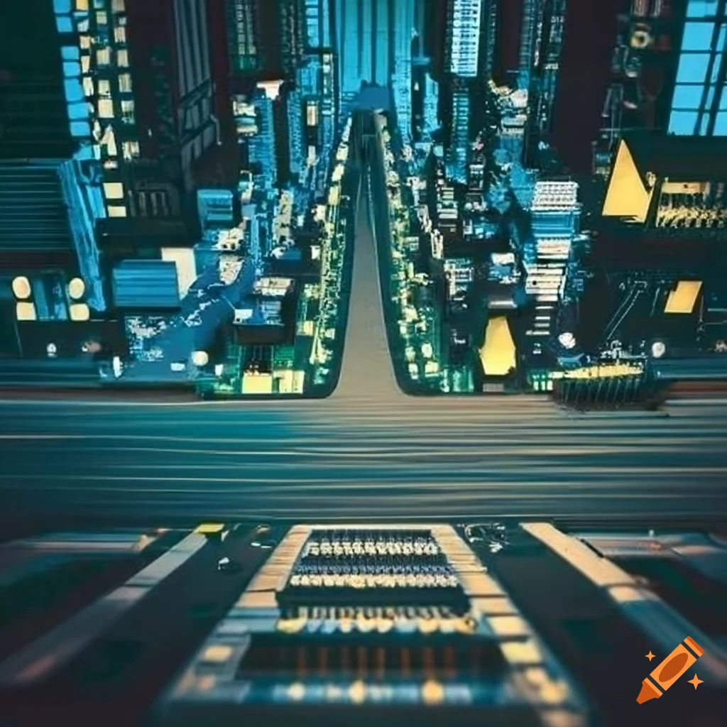 View of a street in a landscape made of computer chips and circuit ...