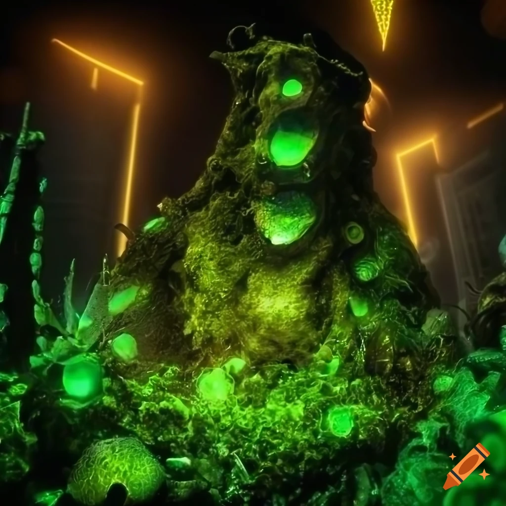 Glowing biopunk cityscape with green moss, plants, mushrooms, and ...