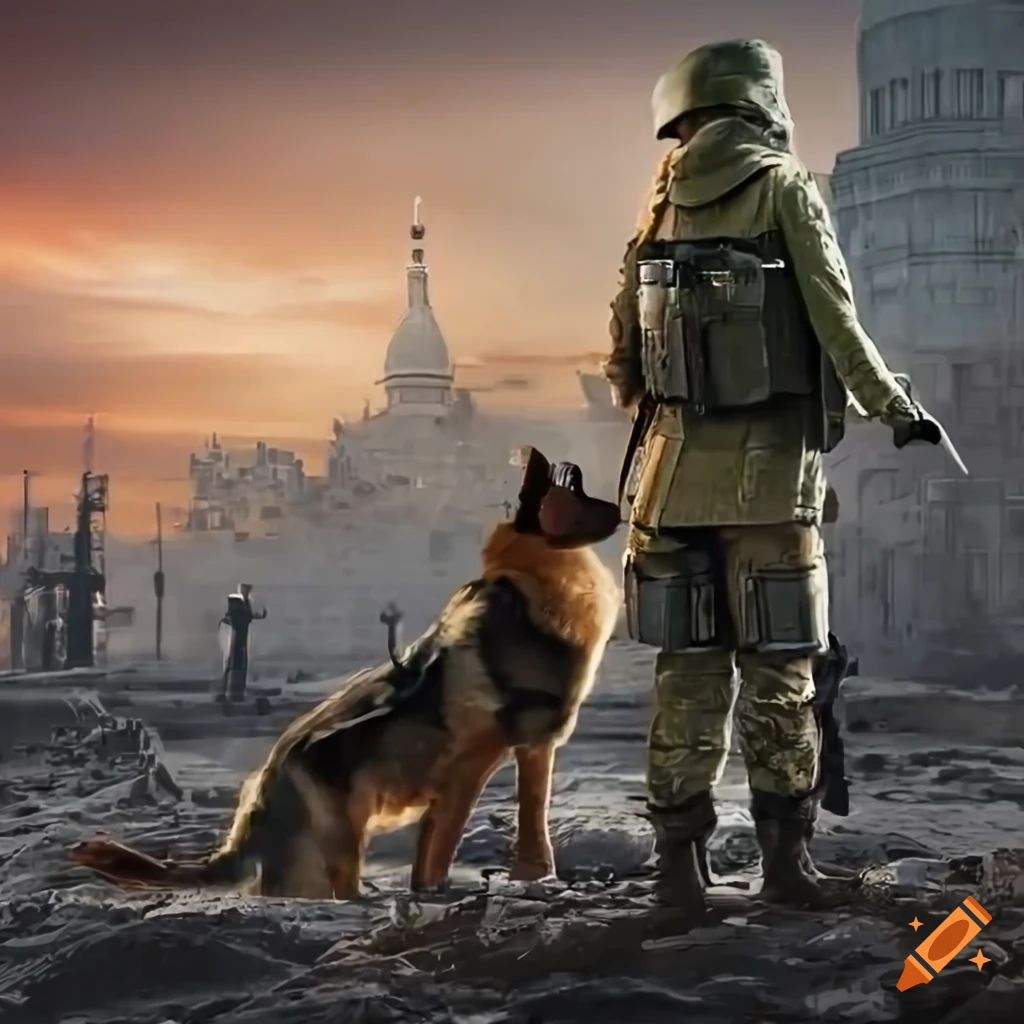 Female high tech German soldier with dog in Russian wasteland on Craiyon