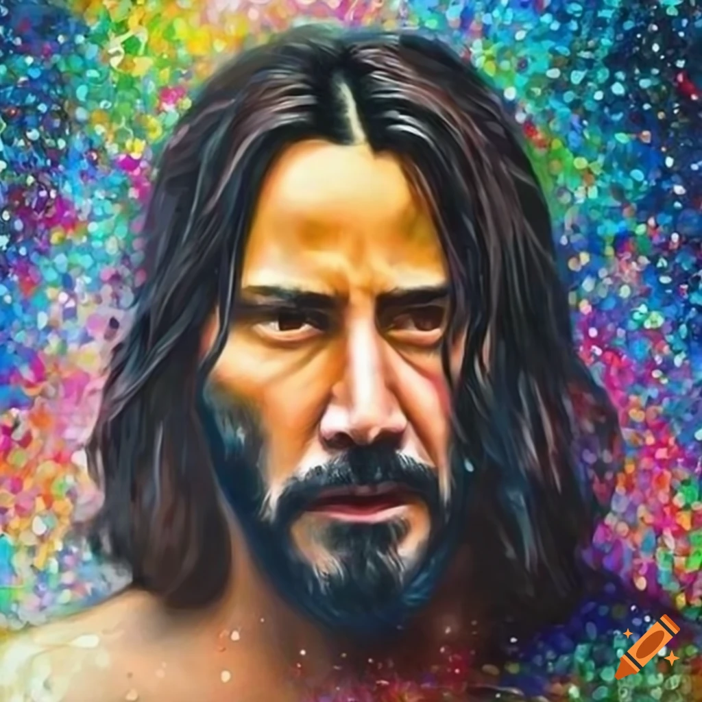 Keanu reeves as jesus in an oil painting with a glitter effect on Craiyon