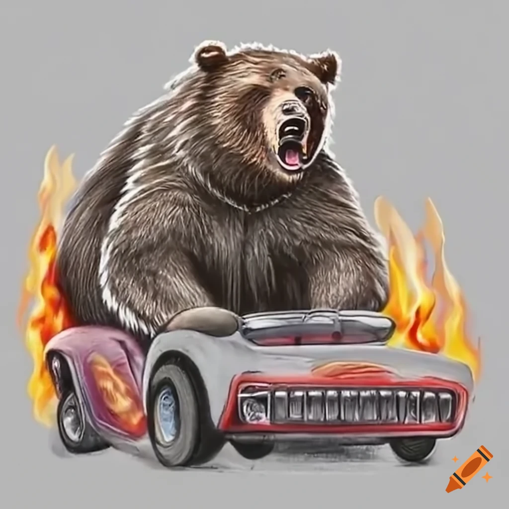 Grizzly bear driving a dragster with flaming tires on Craiyon