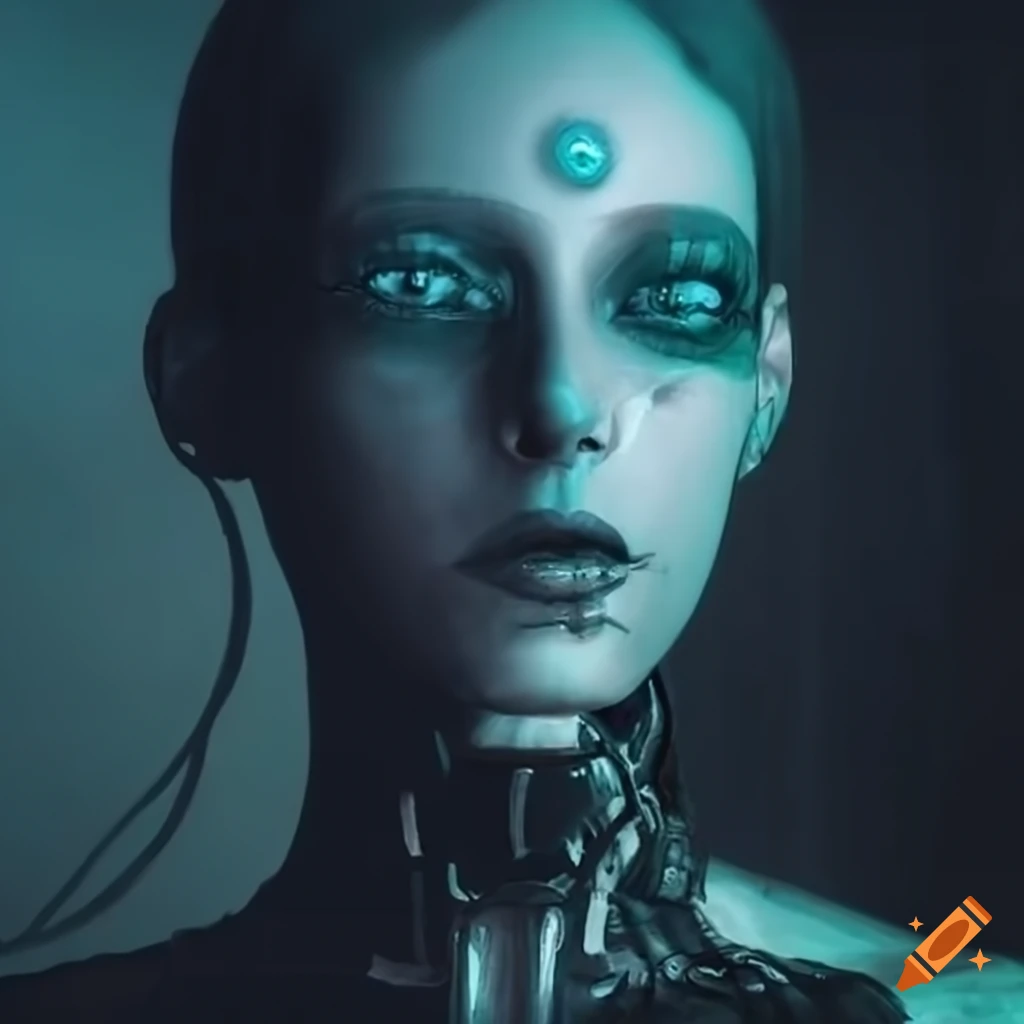 Female cyborg goddess in a cyberpunk cityscape on Craiyon