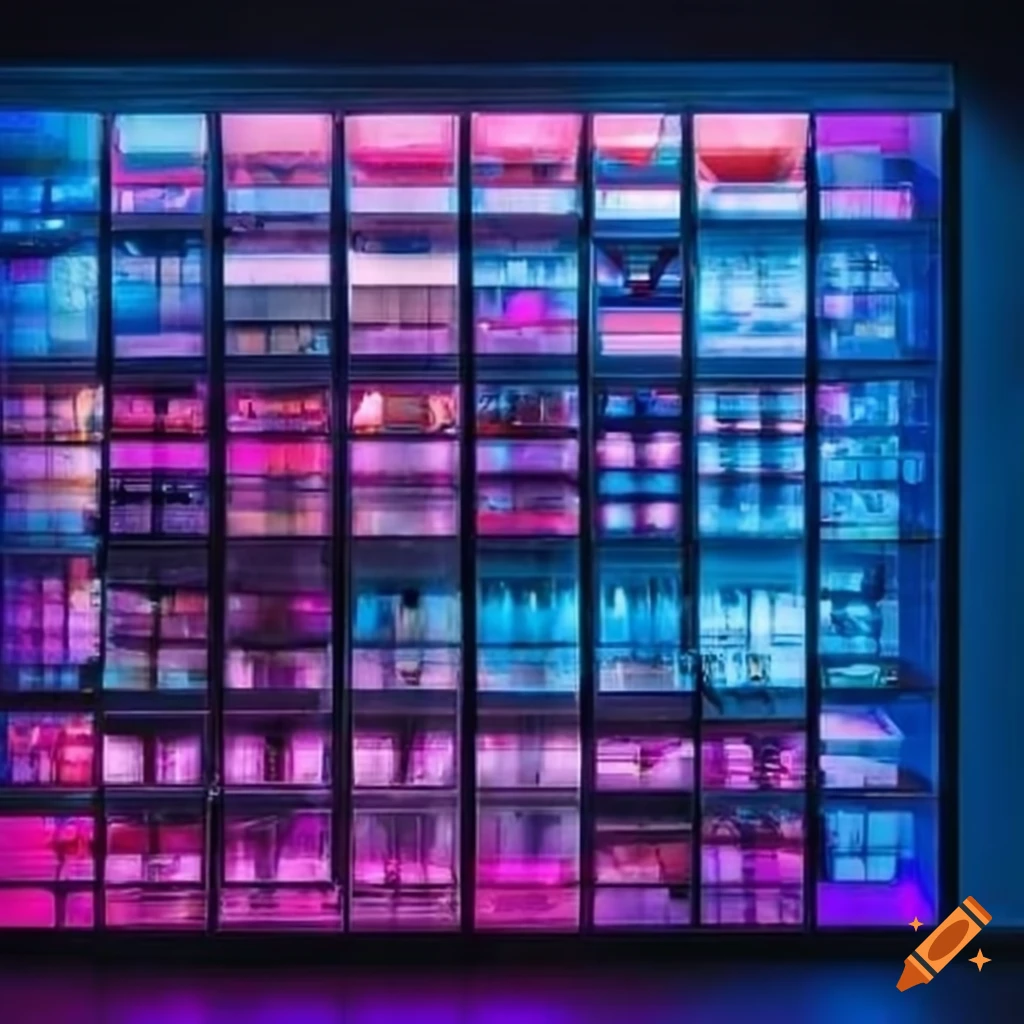 Brightly lit glass shelves full of cosmetics on a huge wall display on ...