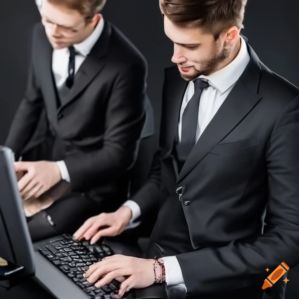 Two male colleagues in formal attire focused on their computer setup on Craiyon