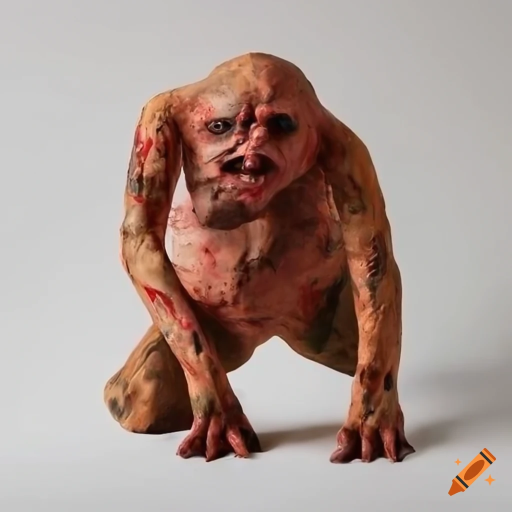 Craft papier-mâché crouching monster in a daytime scene on Craiyon