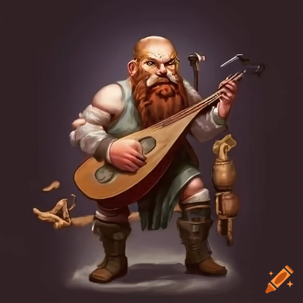 Heroic dwarf bard playing lute with a rapier on Craiyon